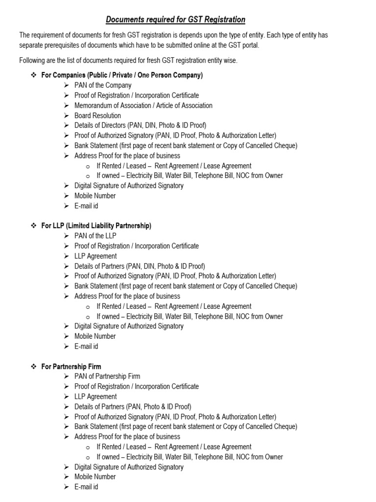 Documents Required For GST Registration Entity Wise | PDF | Limited Liability Partnership ...
