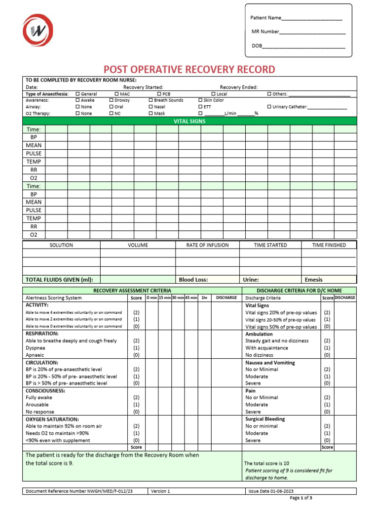 Post-Operative Recovery Record Form | PDF | Anesthesia | Pain