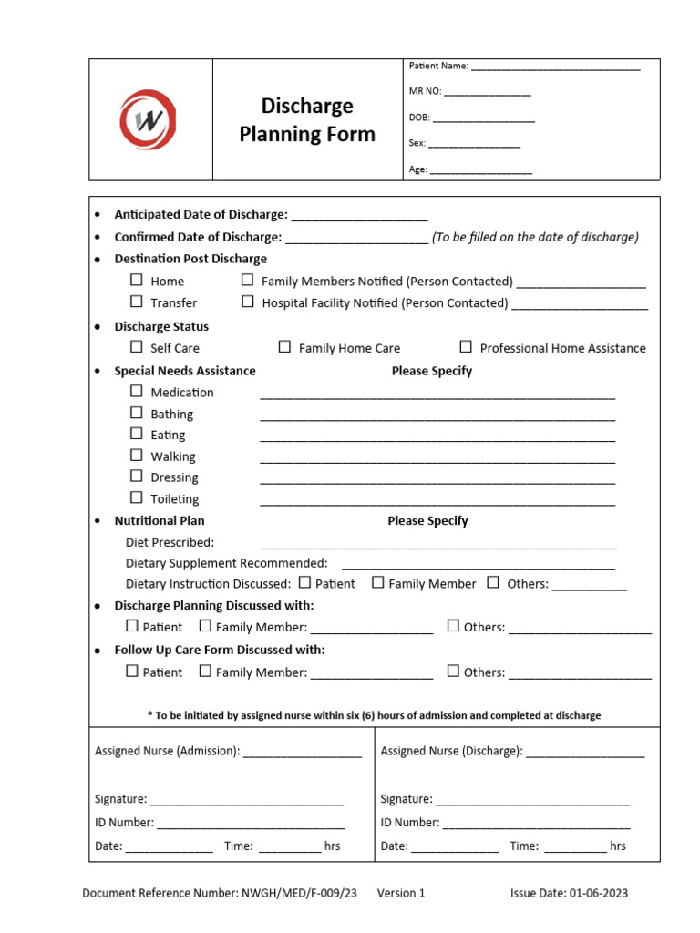 MED-F-009 Discharge Planning Form | PDF | Patient | Public Services