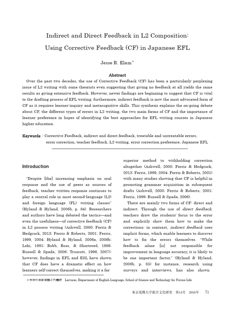 Indirect and Direct Feedback in L2 Compo | PDF | Second Language | English As A Second Or ...
