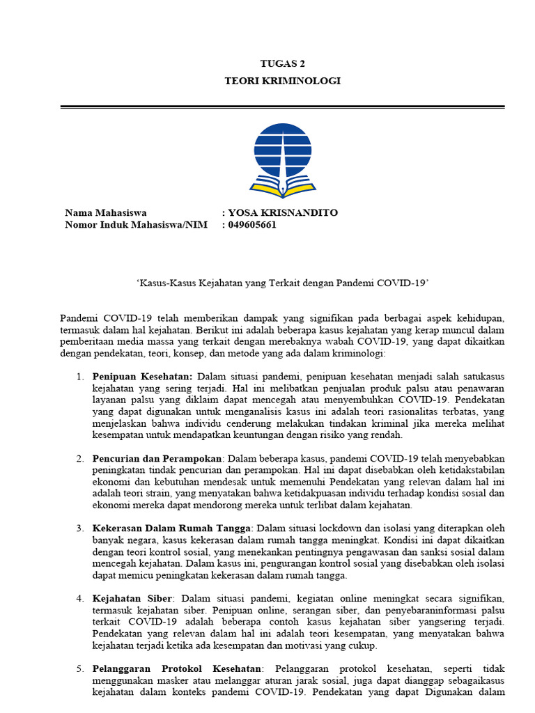 Tugas 2 Teori Kriminologi | PDF | Pengelolaan Keuangan & Uang | Ilmu Sosial