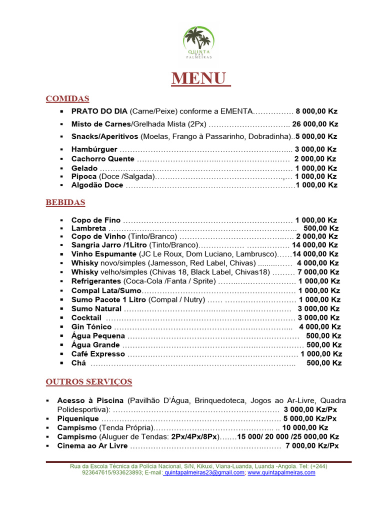 Menu - Comidas-Bebidas - Quinta Das Palmeiras - 2024 | PDF