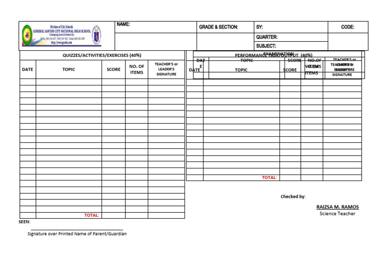 Student Assessment Record Template | PDF