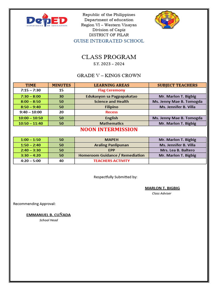 Class Program & Teacher's Class Schedule S.Y. 2023-2024 | PDF