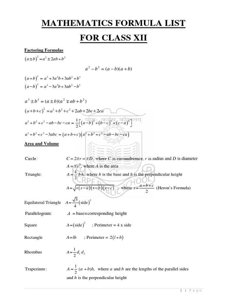 Class XII Math Formula List | PDF | Determinant | Matrix (Mathematics)
