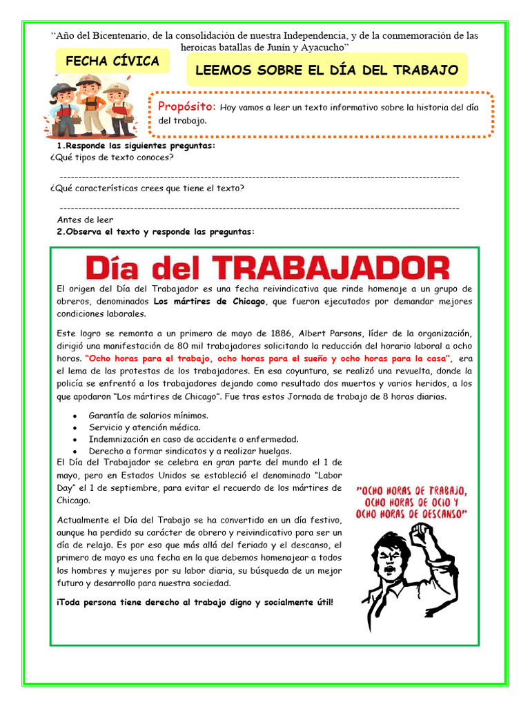 Ficha-Fecha Cívica-Leemos Sobre El Día Del Trabajo | PDF | Movimientos ...