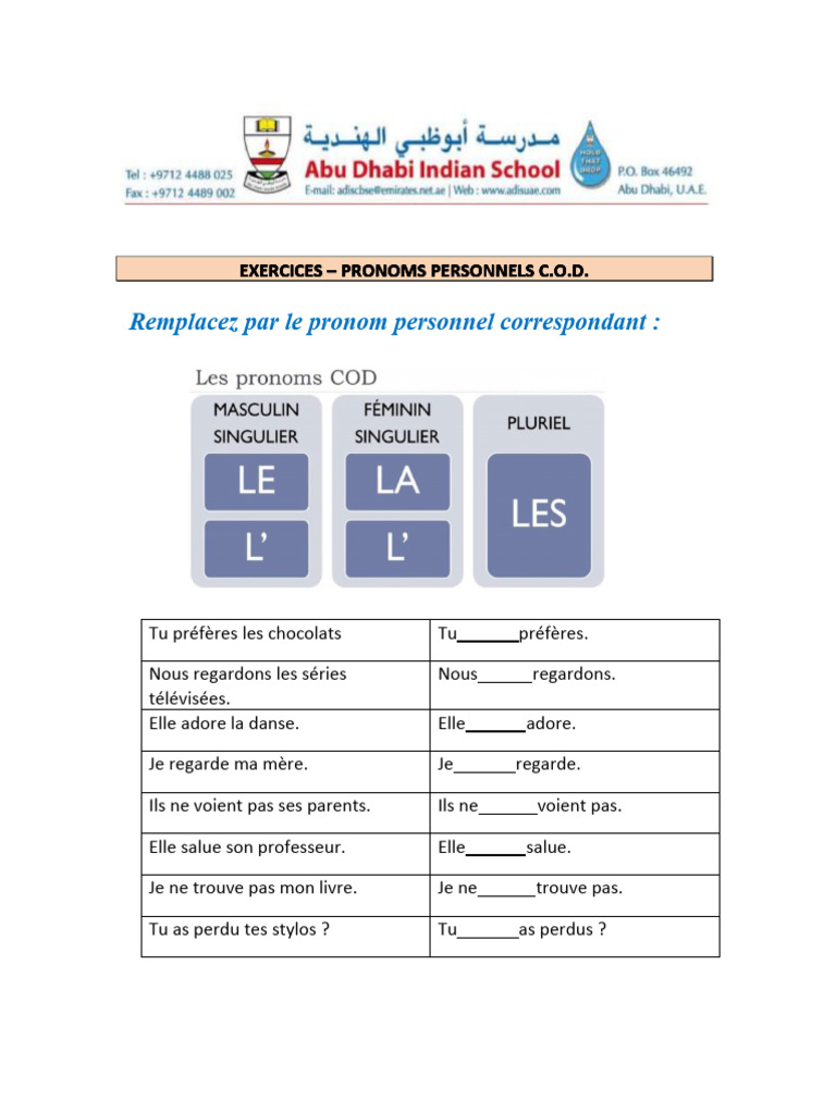Exercices sur les pronoms personnels | PDF