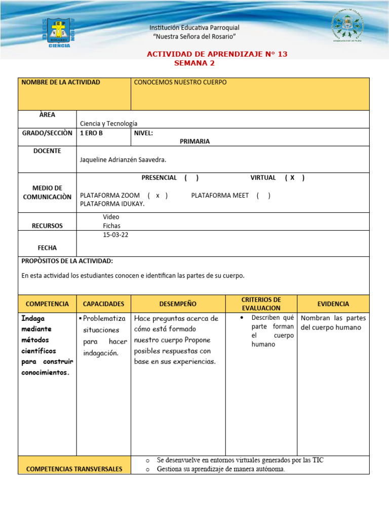 Actividad Conocemos nuestro cuerpo | PDF | Hipótesis | Ciencia cognitiva