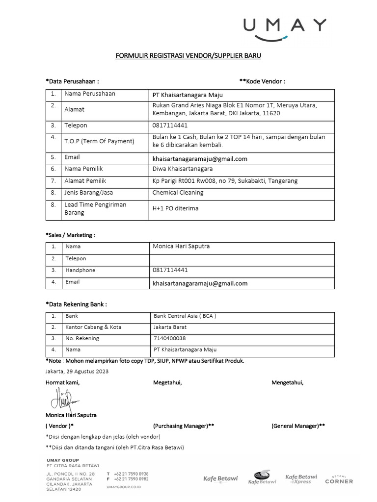 Form Registrasi Vendor Baru | PDF