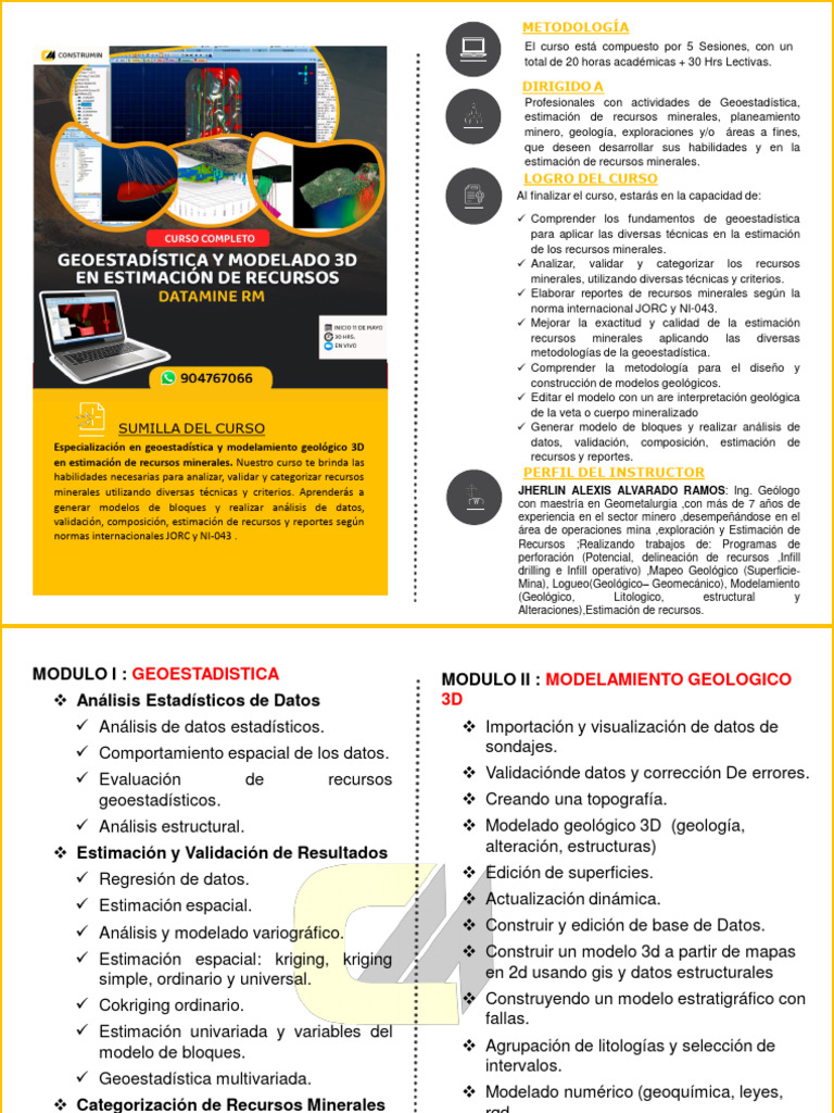 Temario - Geoestadística y Modelado 3d y Estimación de Recursos Con Datamine RM | PDF | Geología
