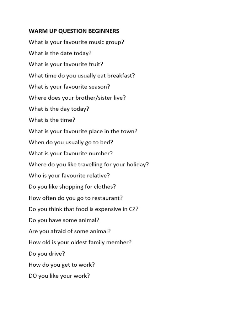 Warm Up Question Beginners | PDF | Lifestyle