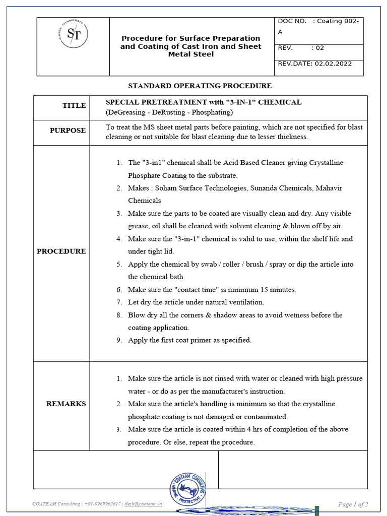 Coating Procedure - Sop 02-A 3-In-1 Chemical | PDF | Coating | Building Engineering