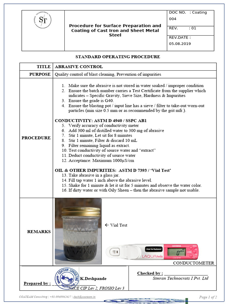 Coating Procedure - Sop 04 Abrasive Control | PDF | Water | Secondary ...