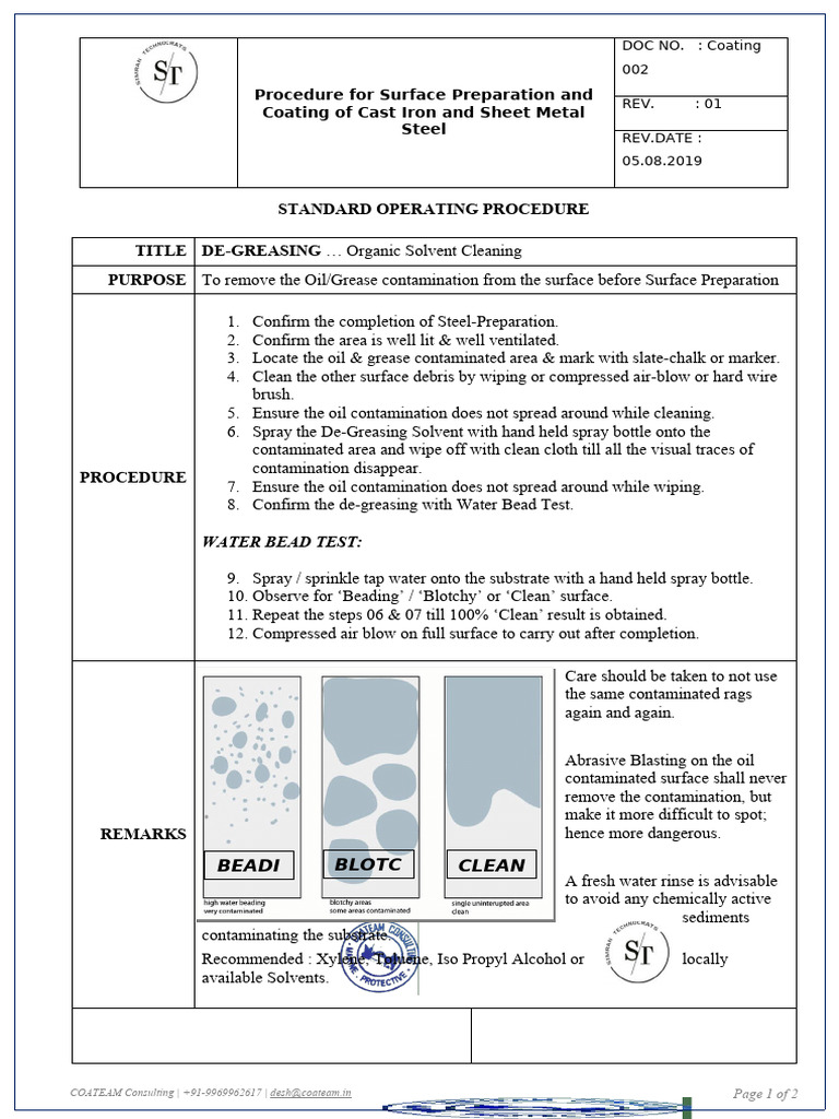 Coating Procedure - Sop 02 De-Greasing | PDF | Metals | Materials