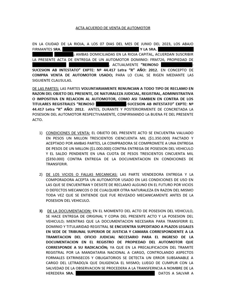 Acta de Acuerdo de Venta Por Sucesion | PDF