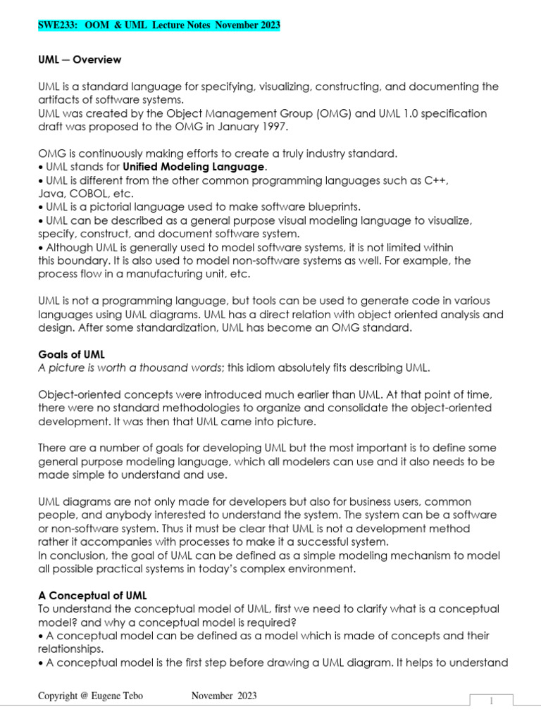 Swe233 Oom Uml Notes Nov 2023 Pdf Unified Modeling Language Class Computer Programming