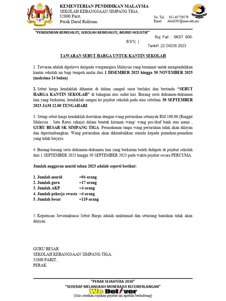 Surat Tawaran Sebut Harga Kantin SKST | PDF