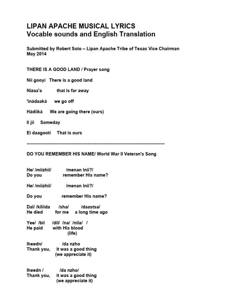 Lipan Apache Musical Lyrics Vocable Sounds and English Translation ...