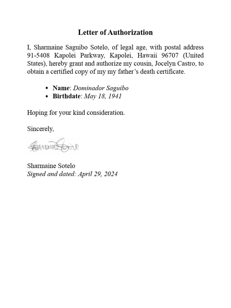Letter of Authorization Death Certificate | PDF