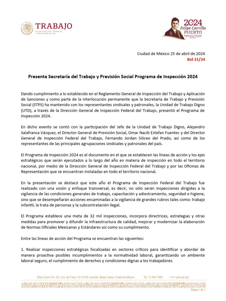 Presenta STPS Programa de Inspección 2024 | PDF | México | Outsourcing