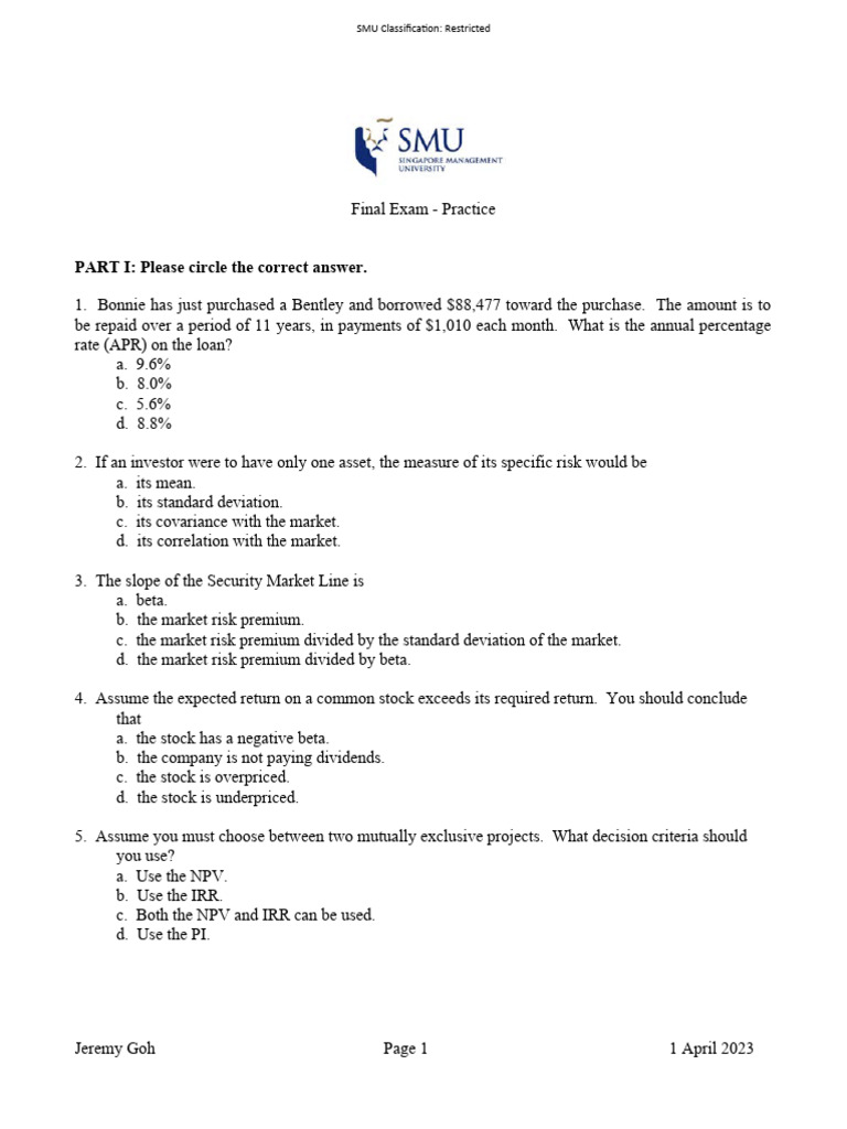 FNCE101 2024 Final Exam Examples | PDF | Beta (Finance) | Dividend