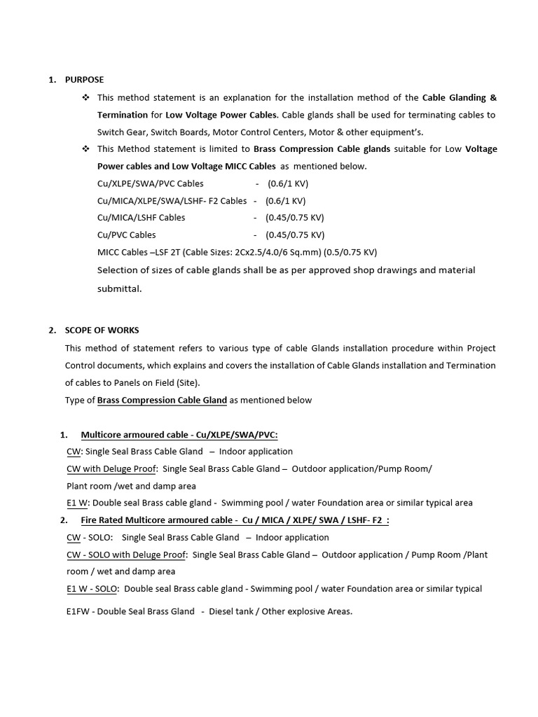 7.1 Method Statement For Termination & Glanding | PDF | Electrical ...