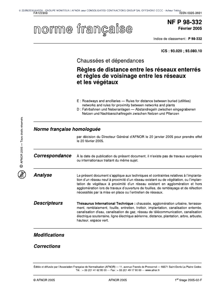 NF P98-332 Regle de Distance Entre Reseaux | PDF
