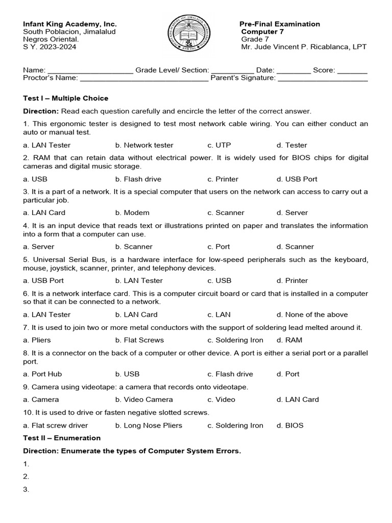 Comouter 7 Pre-Final Exam | PDF | Usb | Computer Network