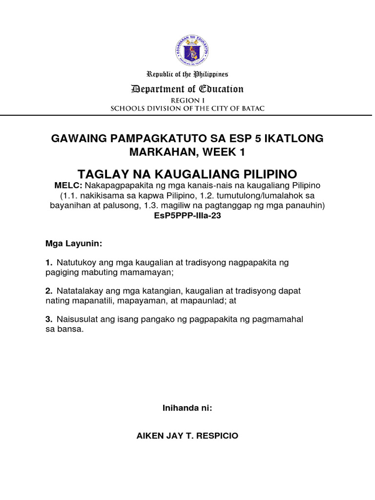 Esp5 Q3W1 Taglay-Na-Kaugaliang-Pilipino 1 | PDF