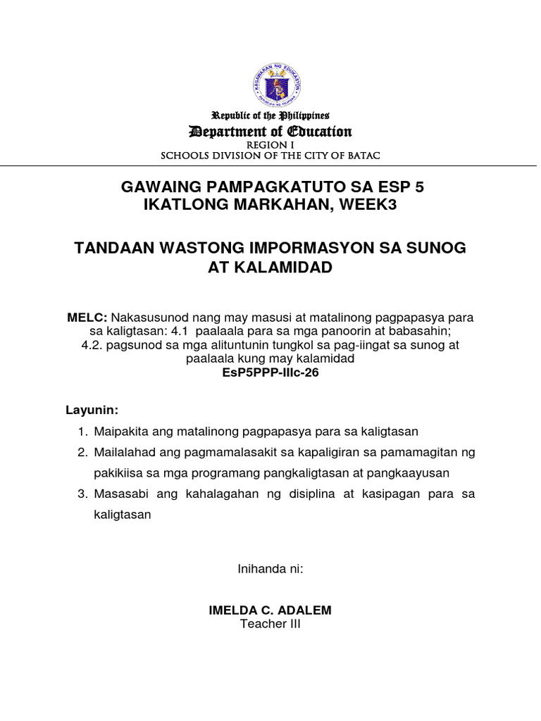 ESP5 Q3W3 As Tandaan Wastong Impormasyon Sa Sunog at Kalamidad 2 | PDF