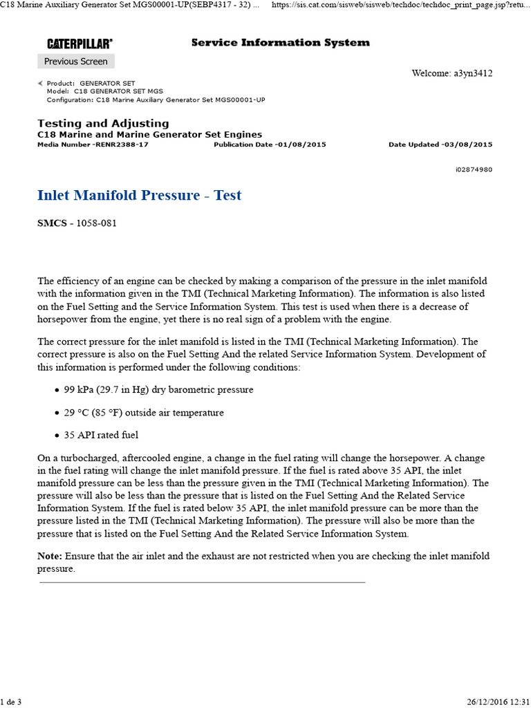 C18 Marine Inlet Manifold Pressure - Test | PDF | Horsepower | Pressure