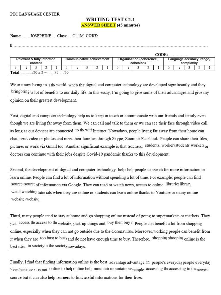 Writing Test C1.1: ANSWER SHEET (45 Minutes) | PDF | Mass Media | Human ...