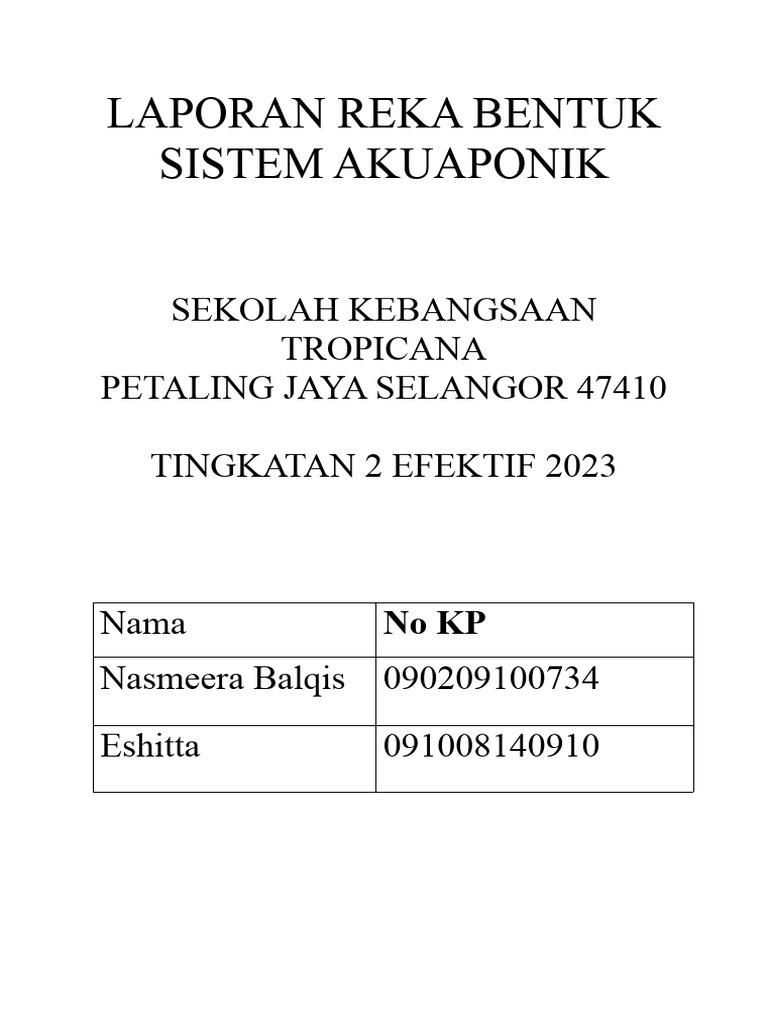 Laporan Reka Bentuk Sistem Akuaponik Pdf