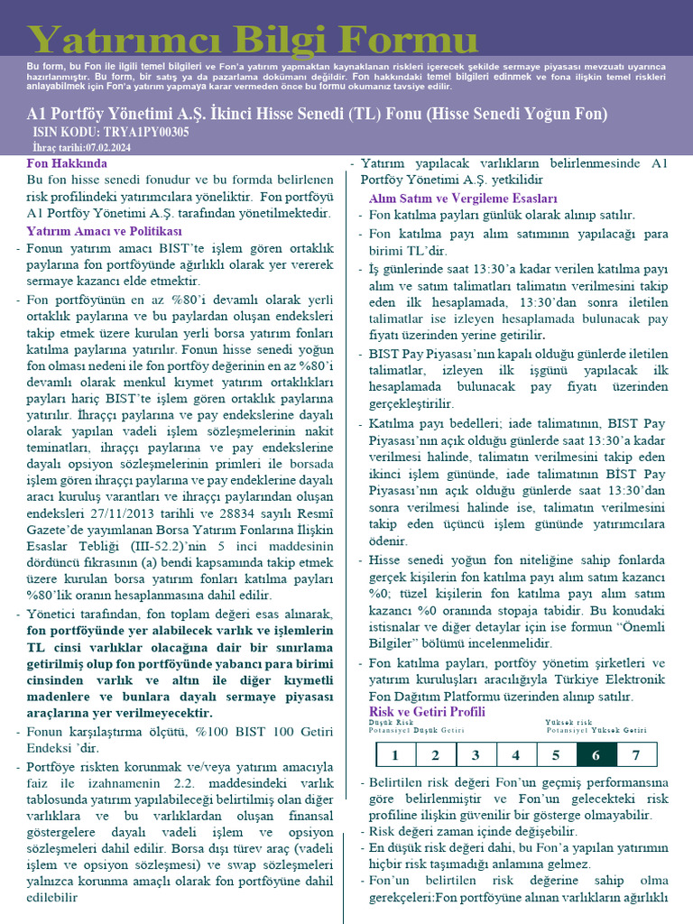 A1 Yat - R - MC - Bilgi Formu - Kinci Hisse Senedi Yo - Un Fon Kopyası 2 | PDF