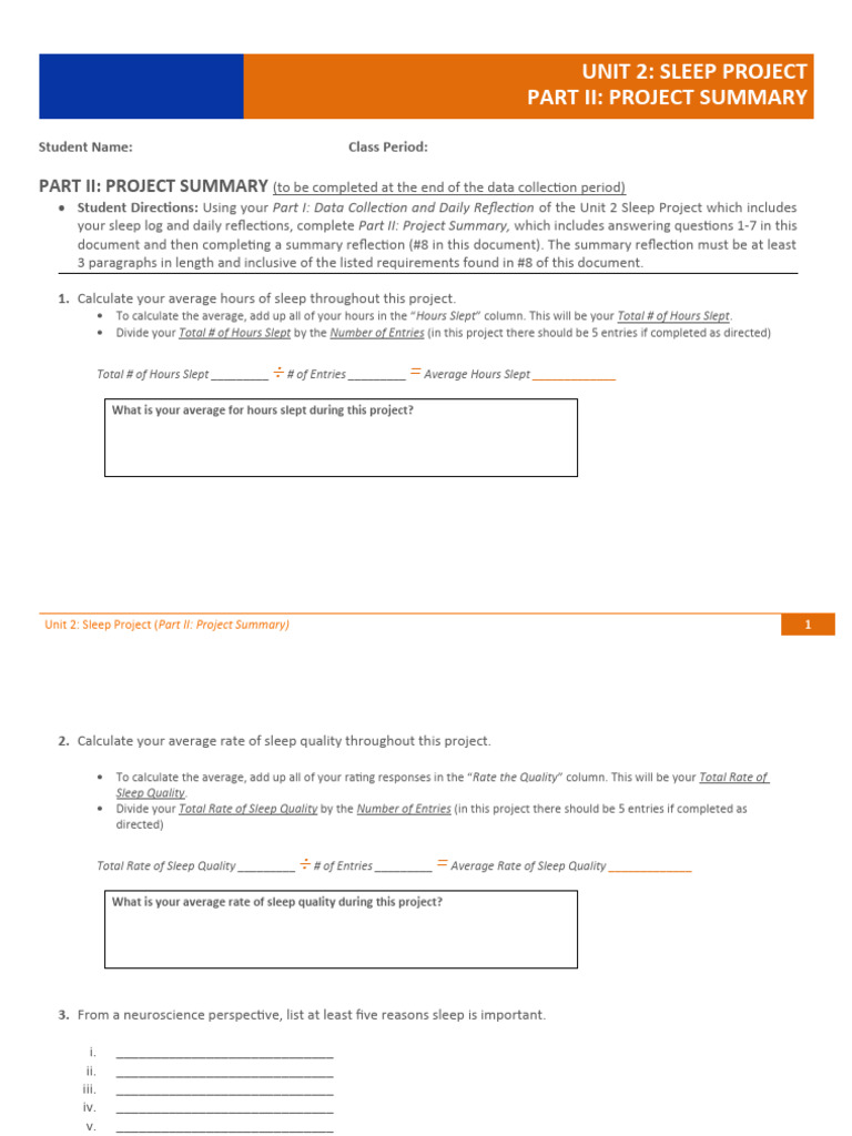 Unit 2 Sleep Project - Part II Project Summary | PDF | Sleep | Psychological Concepts