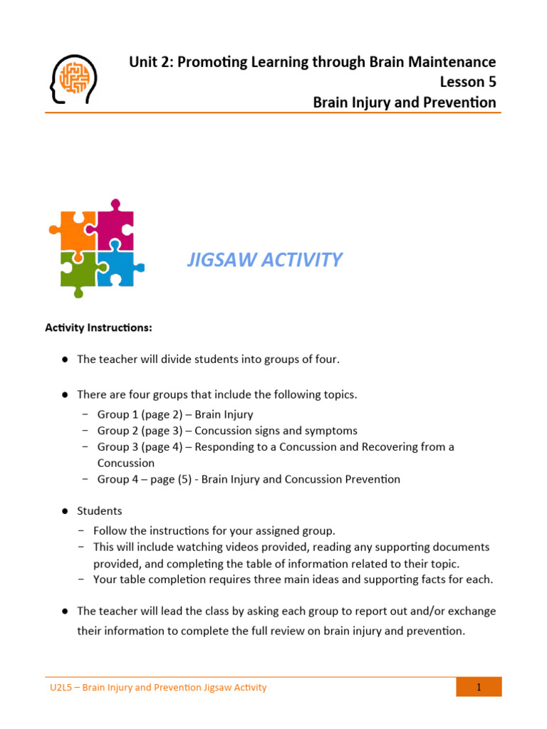 U2L5 Brain Inury and Prevention Jigsaw Activity | PDF | Concussion | Injury