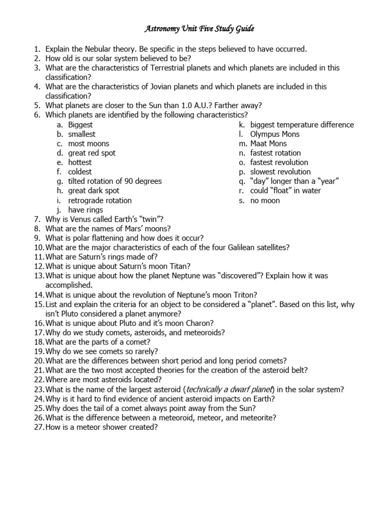 Astronomy UNIT FIVE Study Guide | PDF | Planets | Natural Satellite