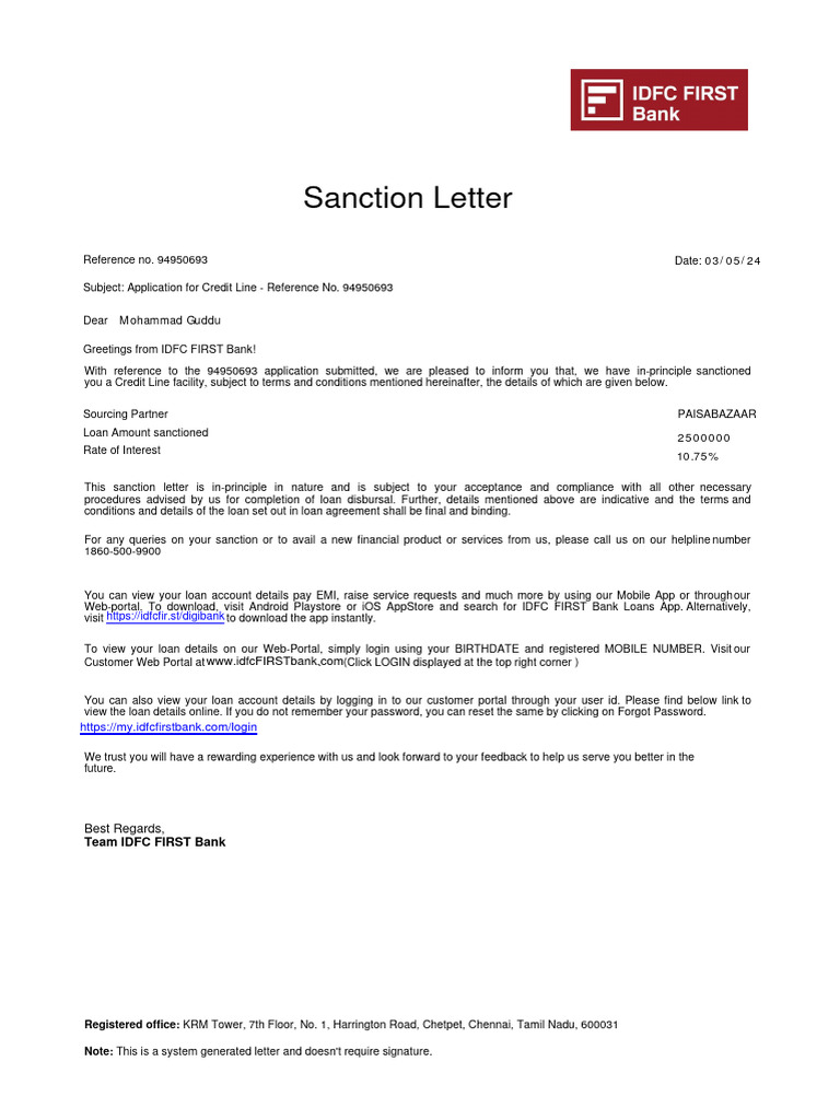 IDFC First Bank In-Principle Loan Sanction | PDF | Google Play