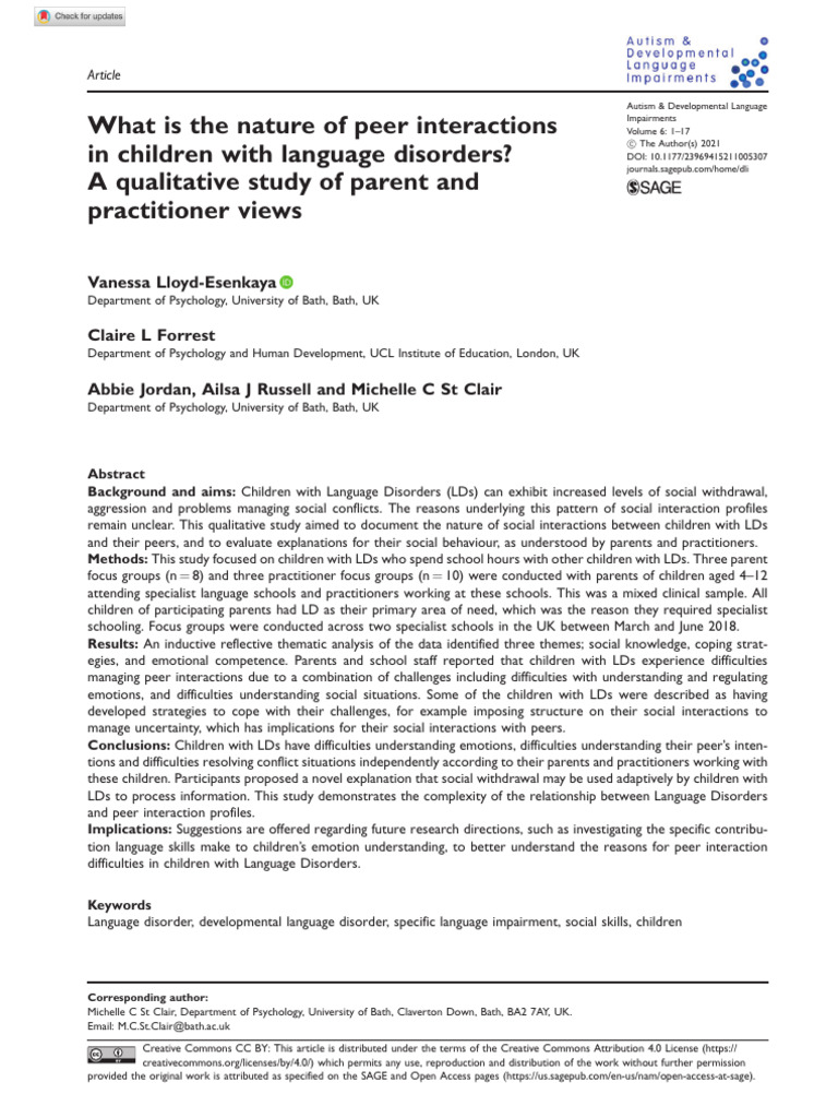 Lloyd Esenkaya Et Al 2021 What Is The Nature of Peer Interactions in Children With Language ...