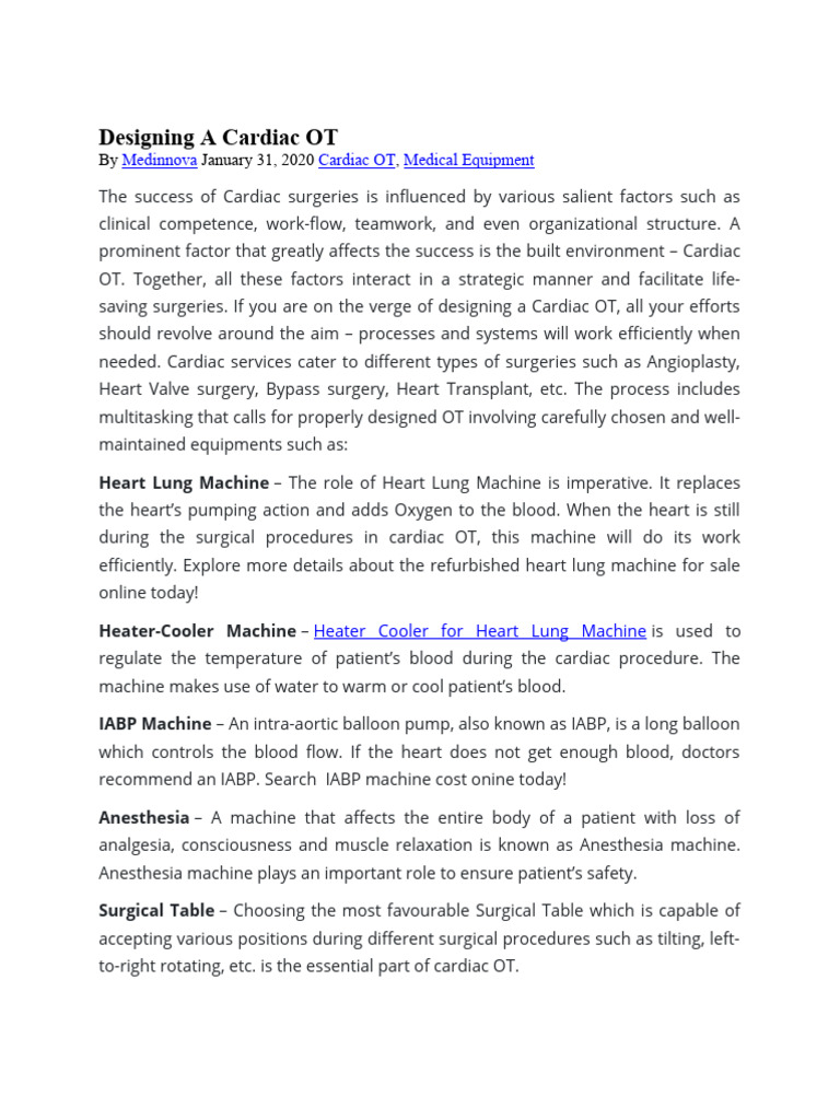 Designing a Cardiac OT | PDF | Heart | Surgery
