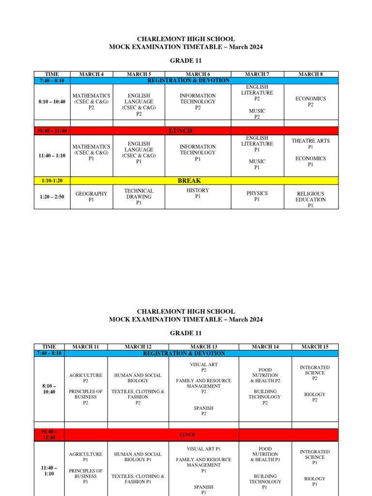 Grade 11 Mock Examination Timetable 2024 | Download Free PDF | Science