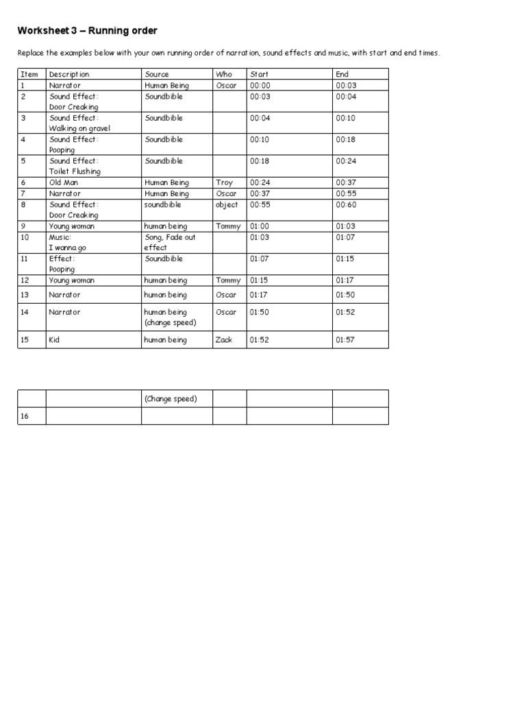Worksheet 3 - Running Order | PDF