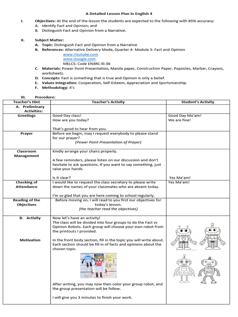 Lesson Plan: Fact vs. Opinion for Grade 4 | PDF