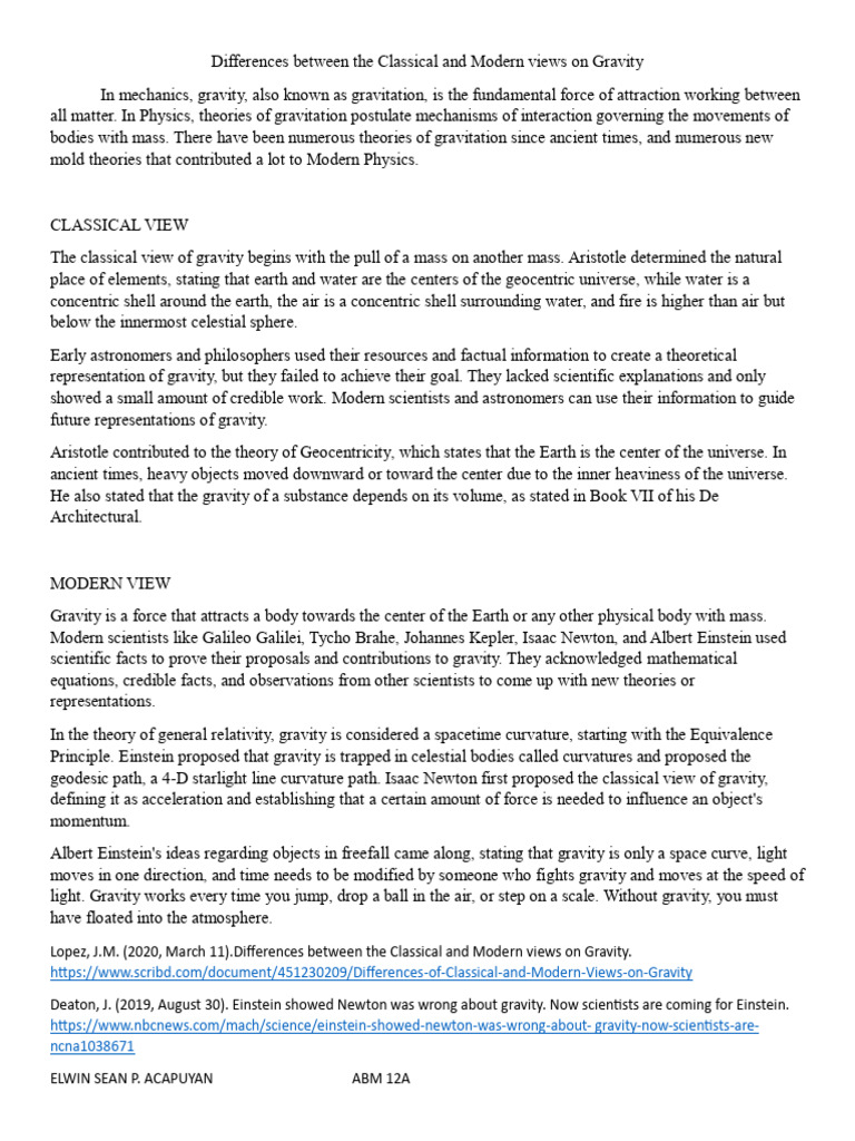 Differences Between The Classical and Modern Views On Gravity | PDF | Gravity | Universe