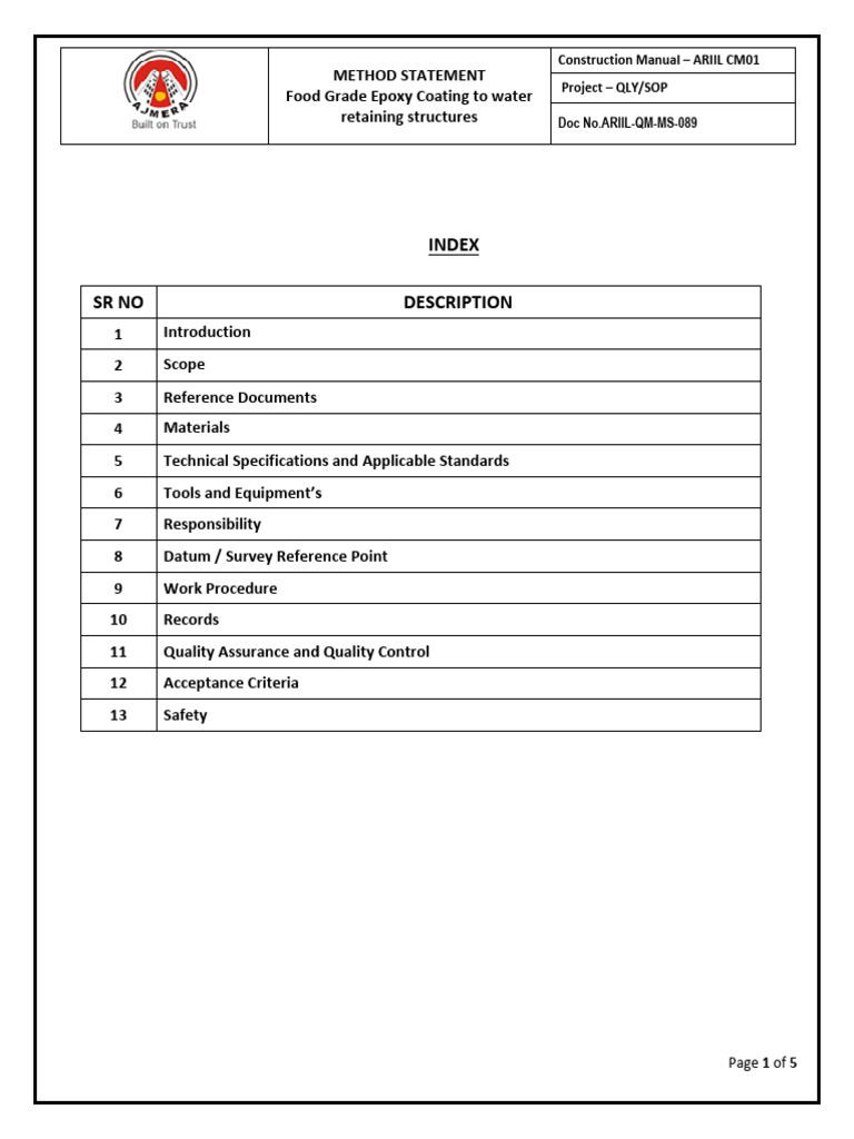 Food Grade Epoxy Coating Method Statement | PDF | Epoxy | Coating