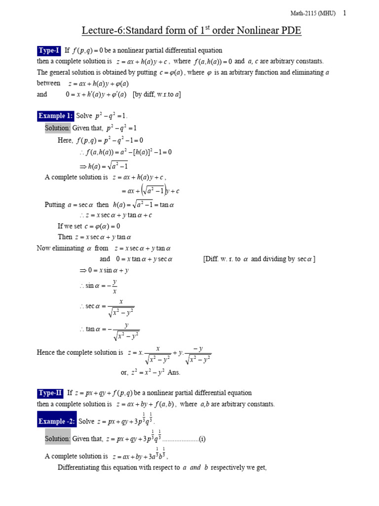 Lecture-6 Standard Form of 1st Order Nonlinear PDE | PDF | Partial ...