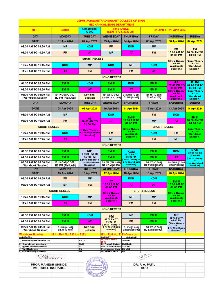 JSPM College Mechanical Engg Timetable | PDF | Mechanical Engineering ...