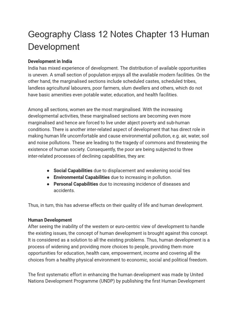 Geography Class 12 Notes Chapter 13 Human Development | PDF | Human ...