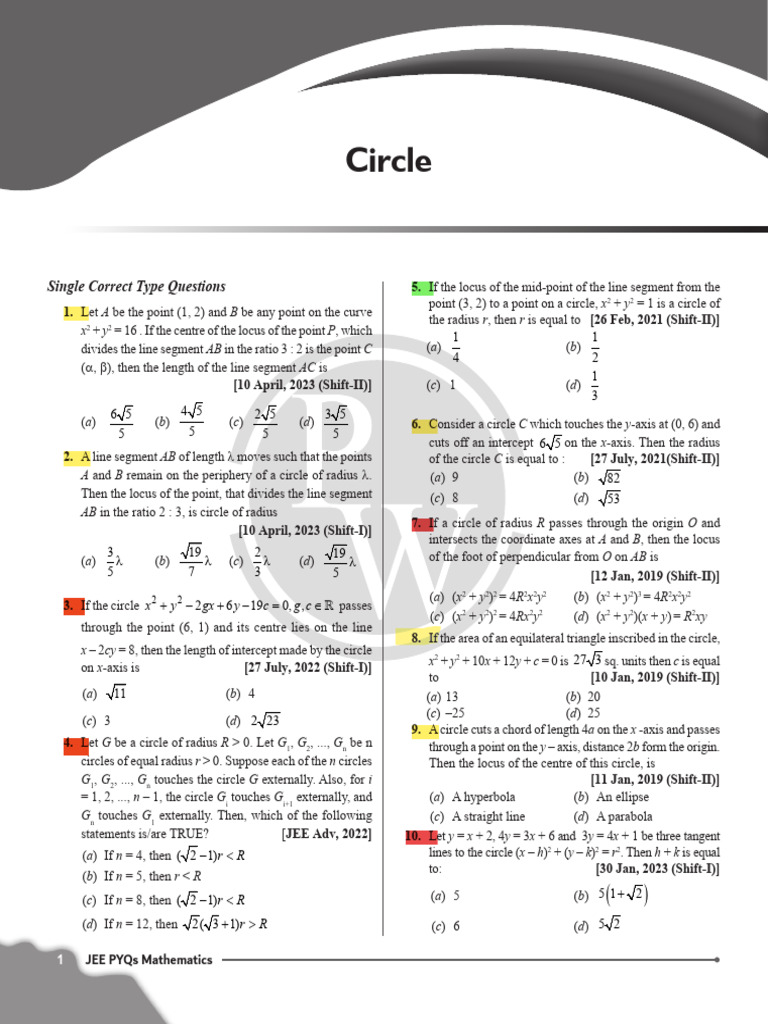 Circle - PYQ Practice Sheet | PDF | Circle | Trigonometric Functions