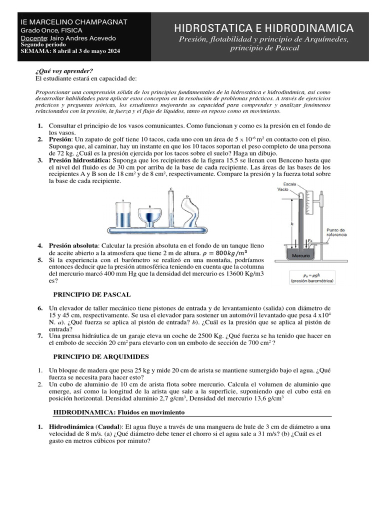 Guia Taller Hidrostatica Pdf Presión Líquidos